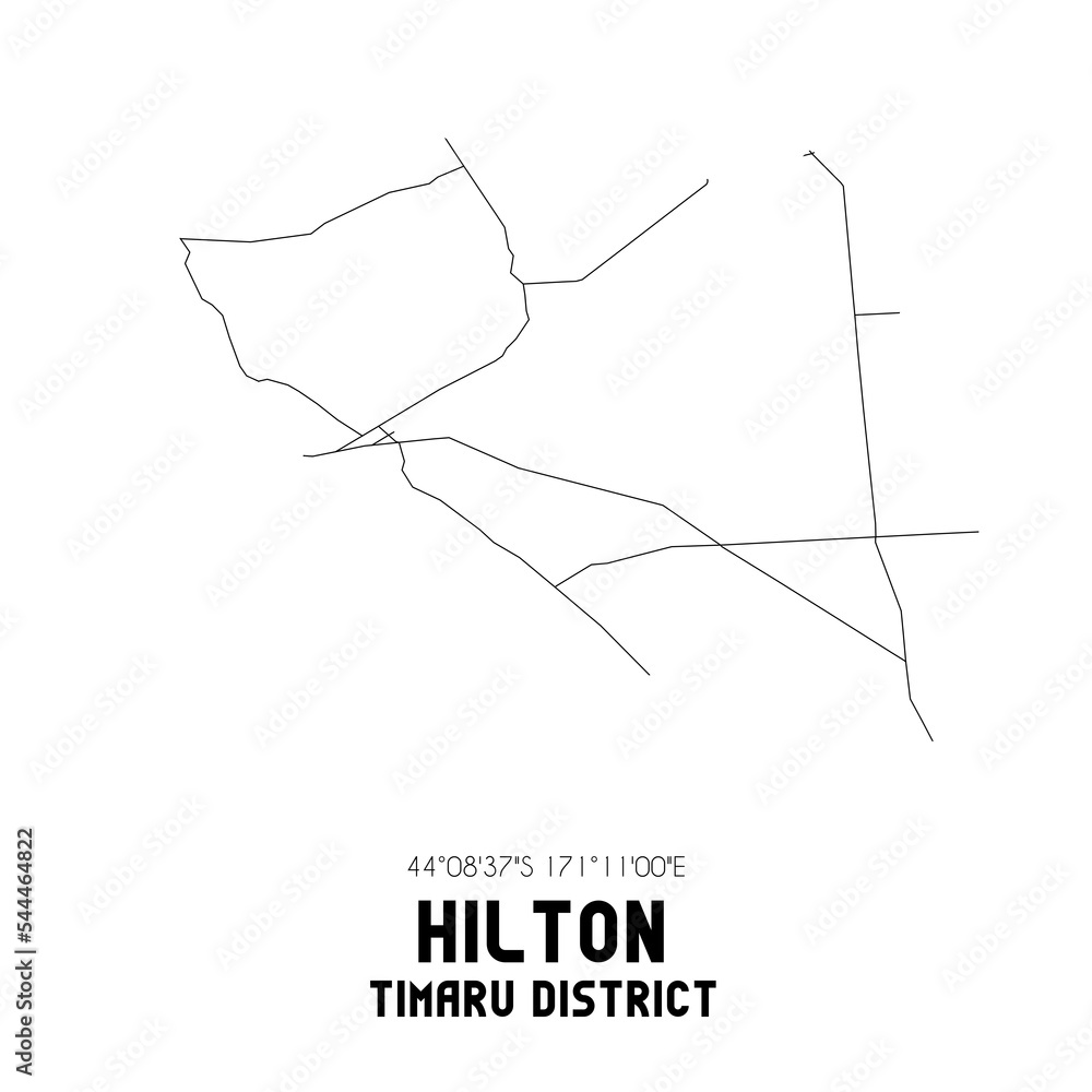 Hilton, Timaru District, New Zealand. Minimalistic road map with black ...