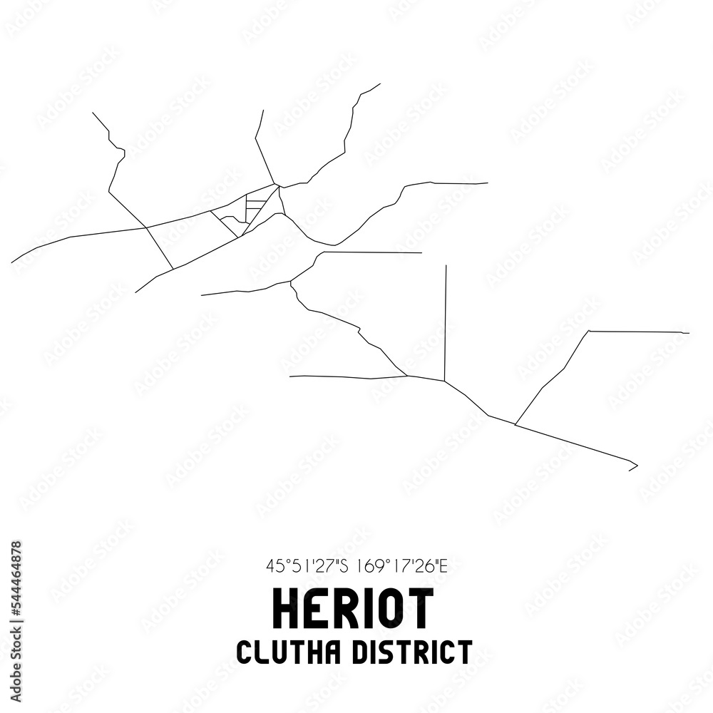 Heriot, Clutha District, New Zealand. Minimalistic road map with black ...