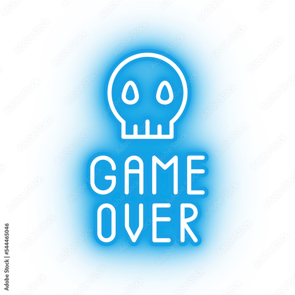 Neon blue game over icon, game over skull on transparent background ...