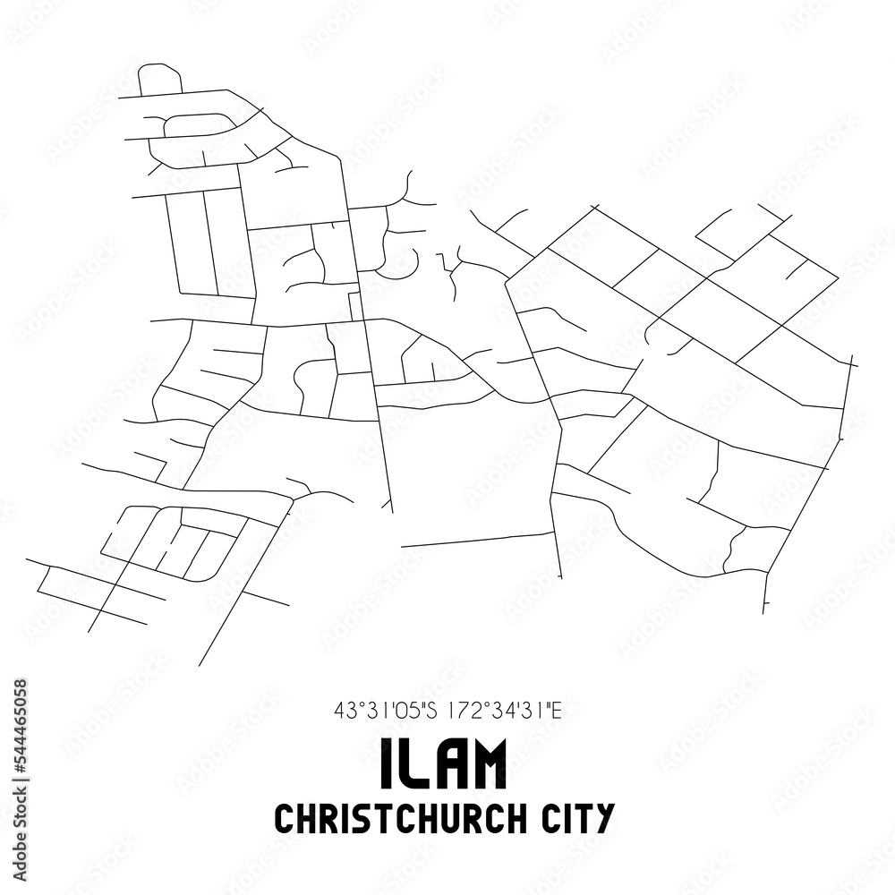 Ilam, Christchurch City, New Zealand. Minimalistic road map with black ...
