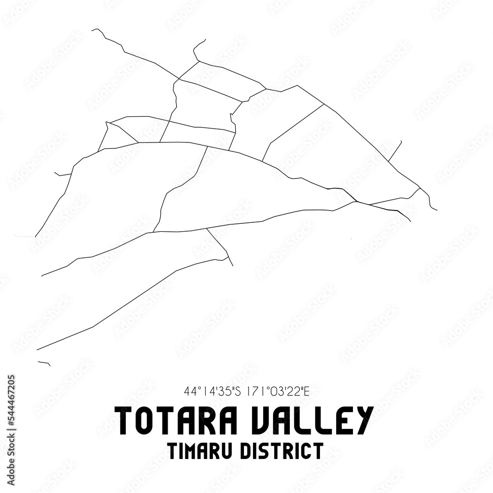Totara Valley, Timaru District, New Zealand. Minimalistic road map with ...