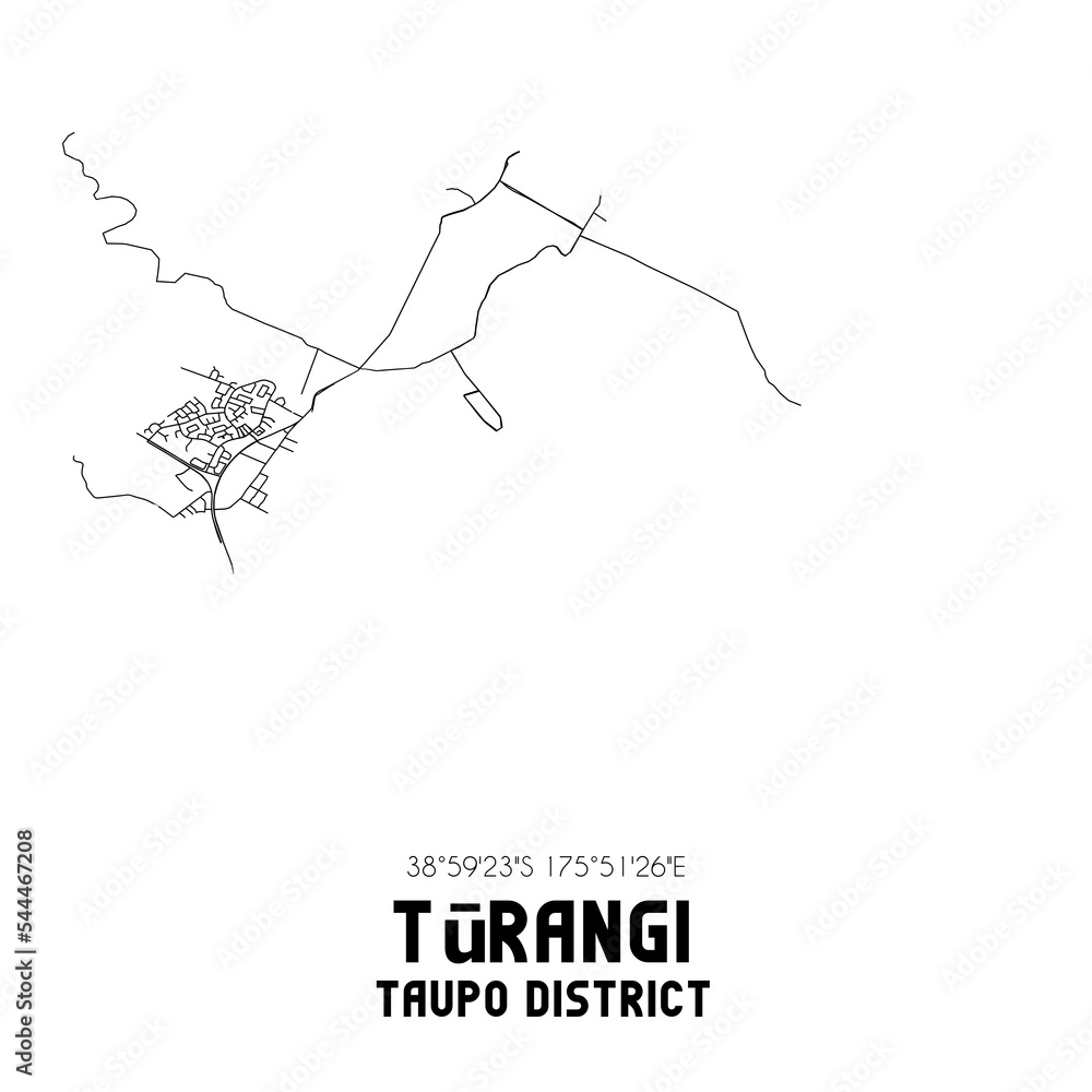 Turangi, Taupo District, New Zealand. Minimalistic road map with black ...