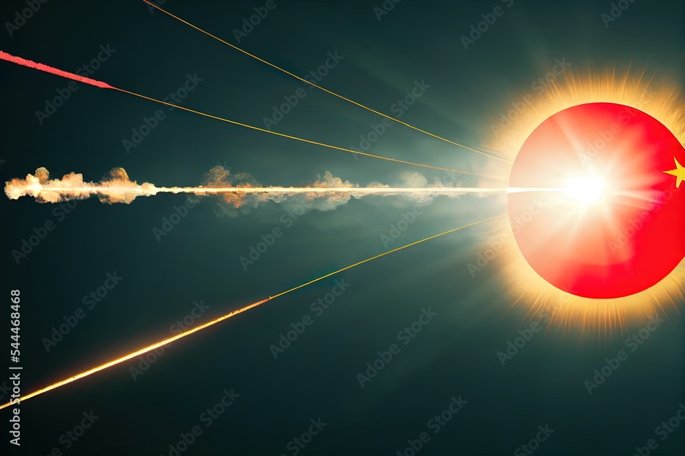 The missiles are aimed at the sky at sun with China flag. Nuclear bomb ...