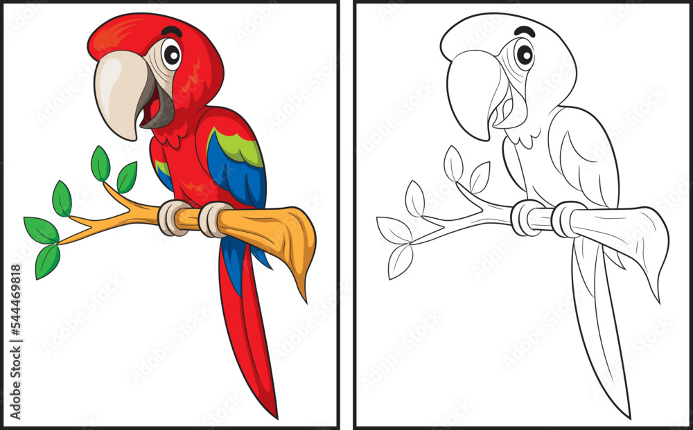Coloring book cute parrot. Coloring page and colorful clipart character ...