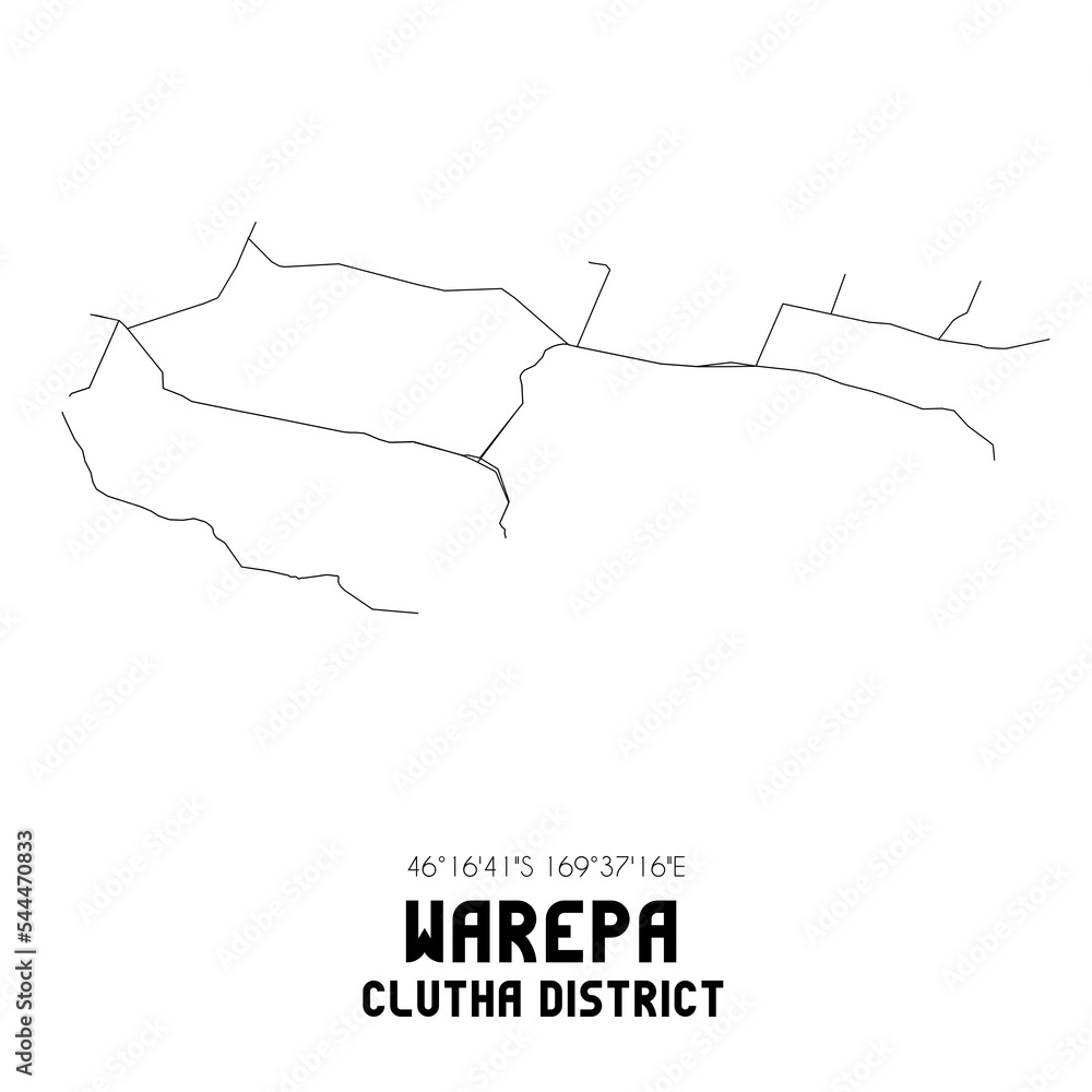Warepa, Clutha District, New Zealand. Minimalistic road map with black ...