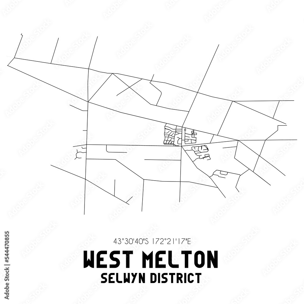 West Melton, Selwyn District, New Zealand. Minimalistic road map with ...