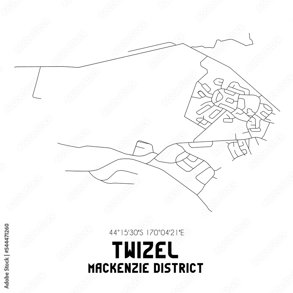 Twizel, Mackenzie District, New Zealand. Minimalistic road map with ...