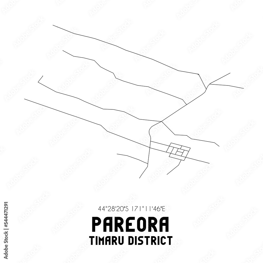 Pareora, Timaru District, New Zealand. Minimalistic road map with black ...