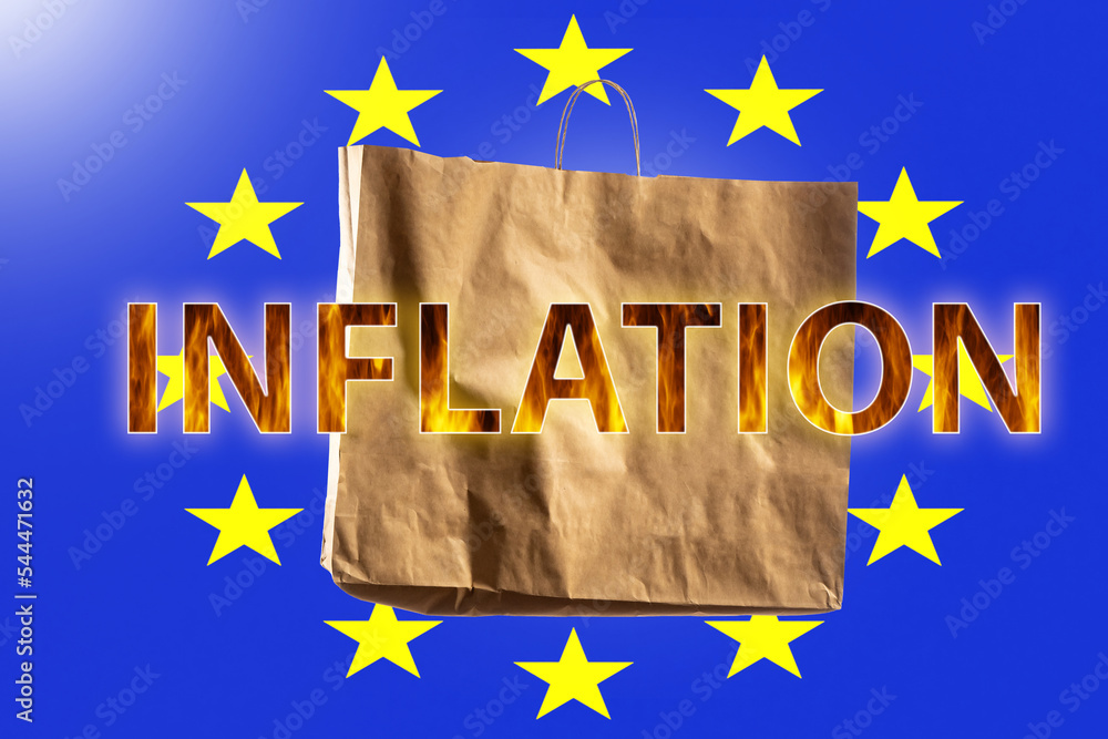 Inflation logo. European Union flag. Paper bag symbolizes food. Product ...