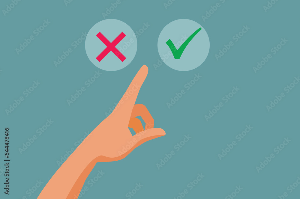Hand Choosing Between Accept and Reject Icon on Web Interface Vector Cartoon. Person deciding ...