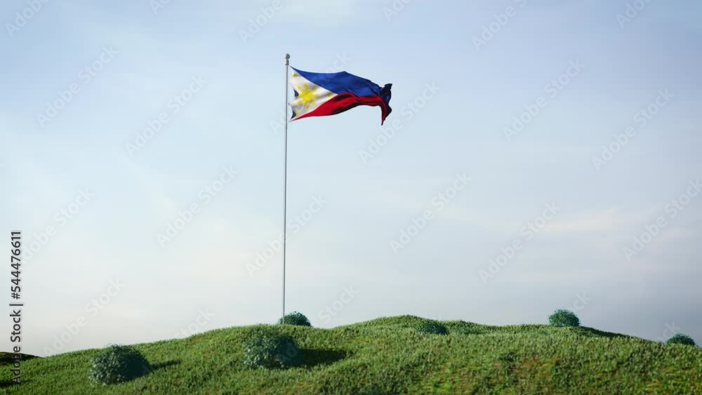 Filipino, Philippines flag waving in the wind on a beautiful landscape ...