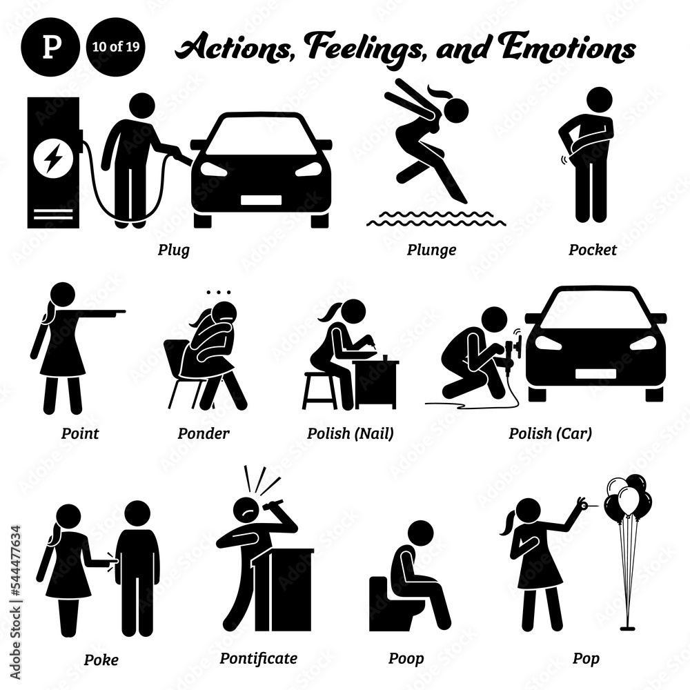 Stick figure human people man action, feelings, and emotions icons ...