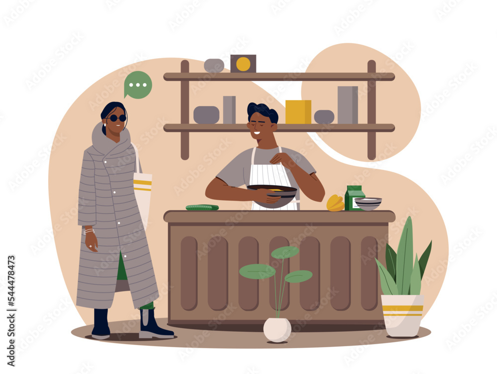 Employees restaurant concept. Man at bar serves client, owner of small ...