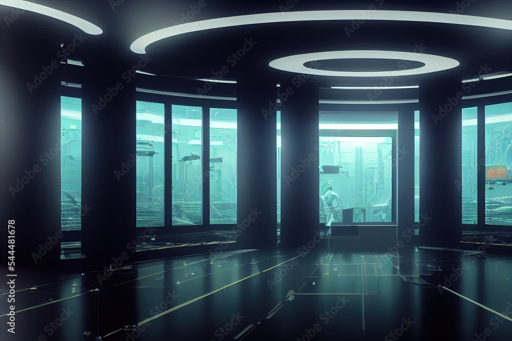 Inside spaceship laboratory interior architecture and empty podium for ...