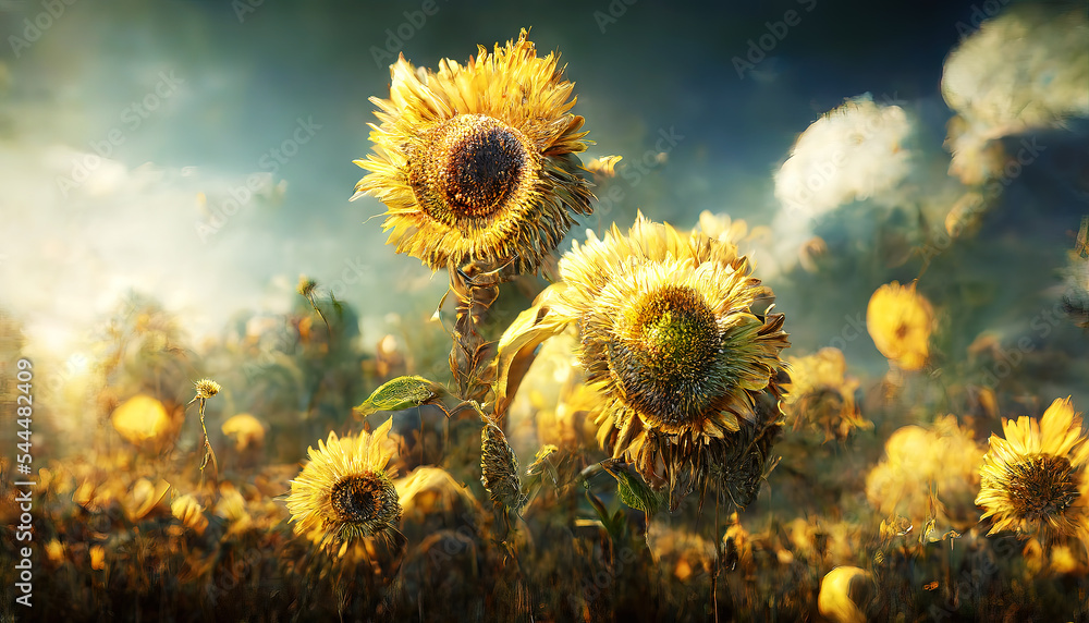 Sunflowers in the field under blue sky banner. Surreal sunflowers. 3D ...