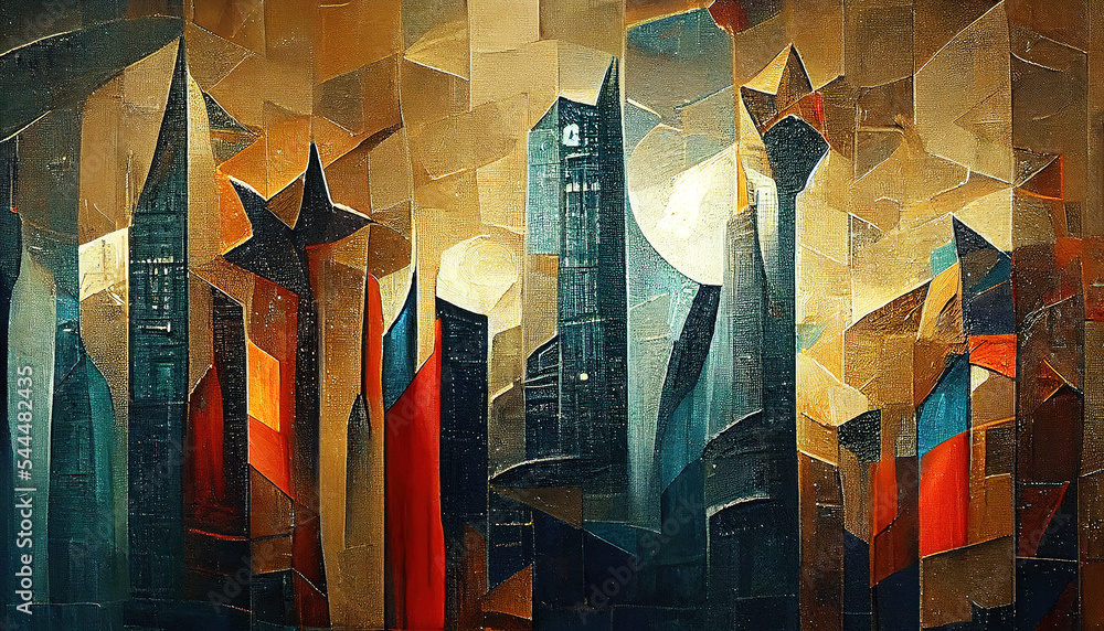 Cityscape cubism style. Imitation of oil painting. Skyscrapers in ...