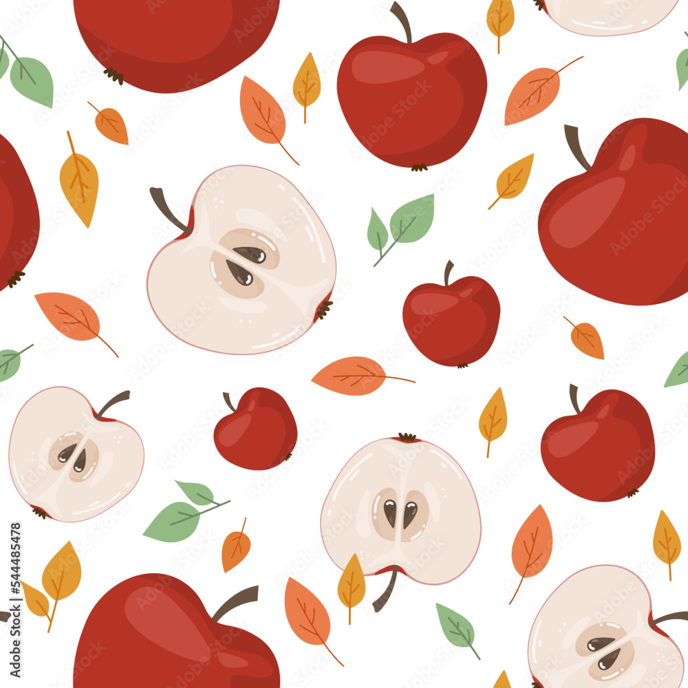 Vector seamless pattern with many whole and sliced red apples, bright ...