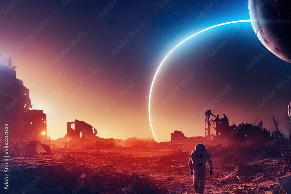 Astronaut exploring invaded ruins 3D illustration of science fiction ...