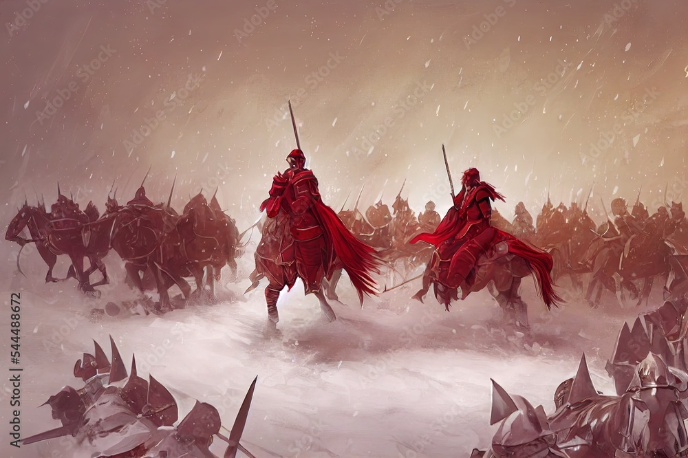 A charming red haired female knight in a snowy windy blizzard with a ...