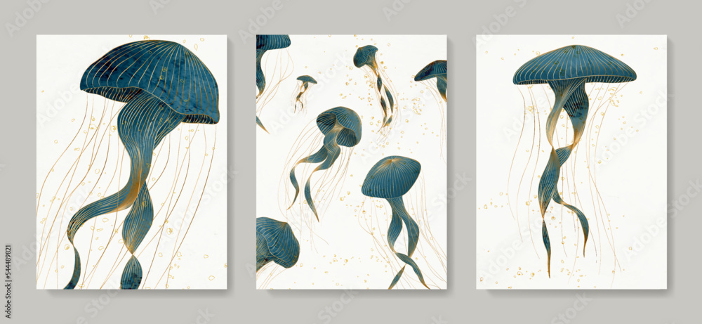 Art set of luxury prints with blue jellyfish hand drawn in gold art ...