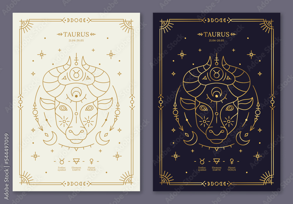 Taurus zodiac horoscope golden signs dark navy and white cards set ...