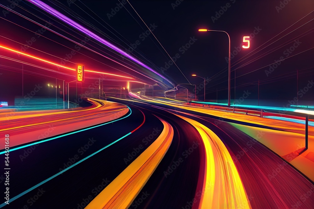 Speeding Sports Car On Neon Highway. Powerful acceleration of a ...