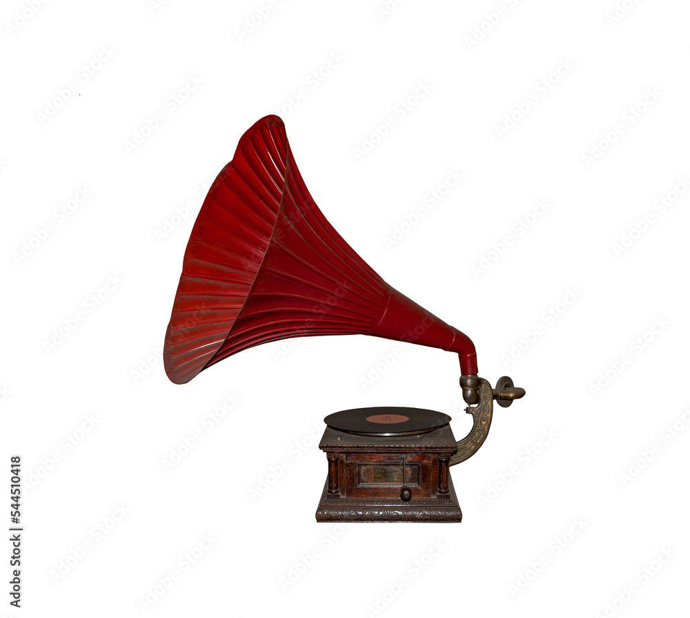 Vintage gramophone with disc on wooden box isolated on white background ...