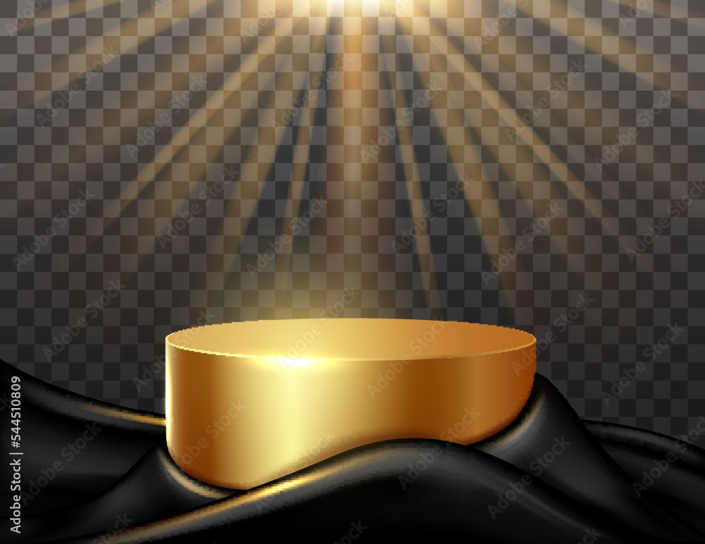 Gold podium with black textile illuminated by golden light on transparent background. Empty ...