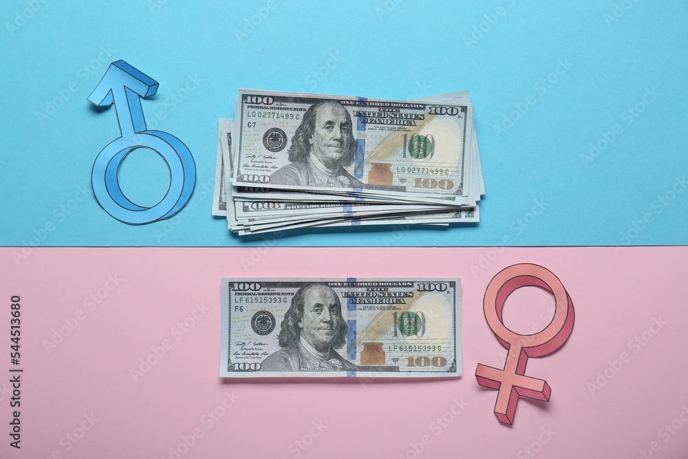 Gender pay gap. Male and female symbols with dollar banknotes on color ...