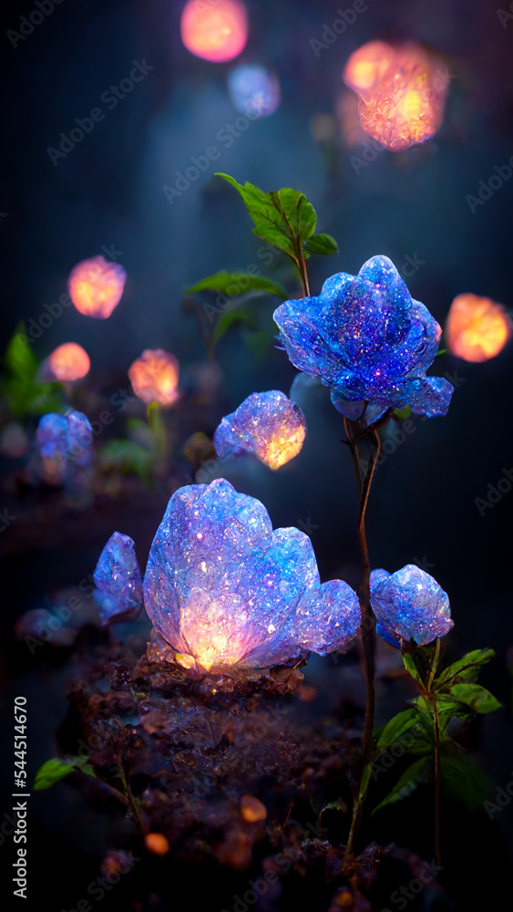 Fantasy fairy tale background forest blooming violet roses flower ...