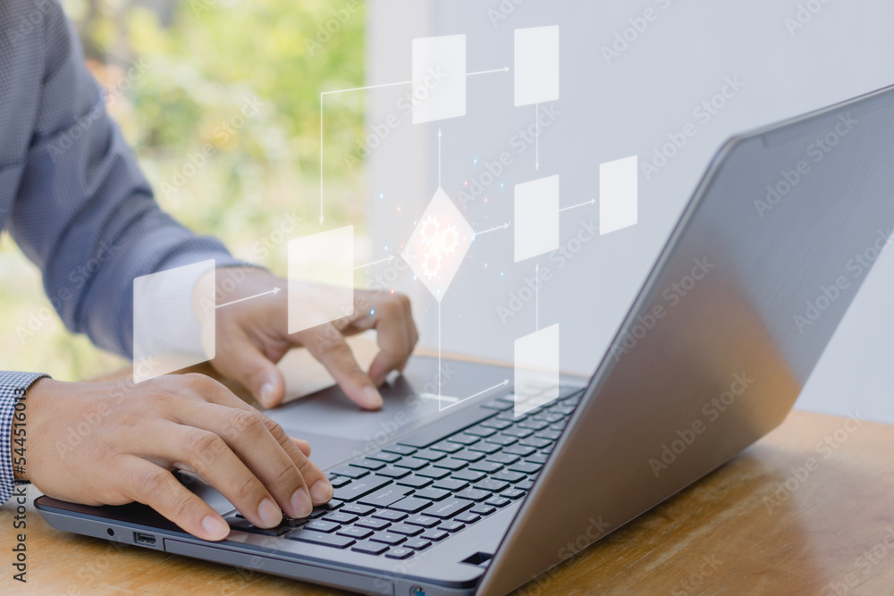 Business Process Management Automation Concept Businessman Using Computer Analysis Process And
