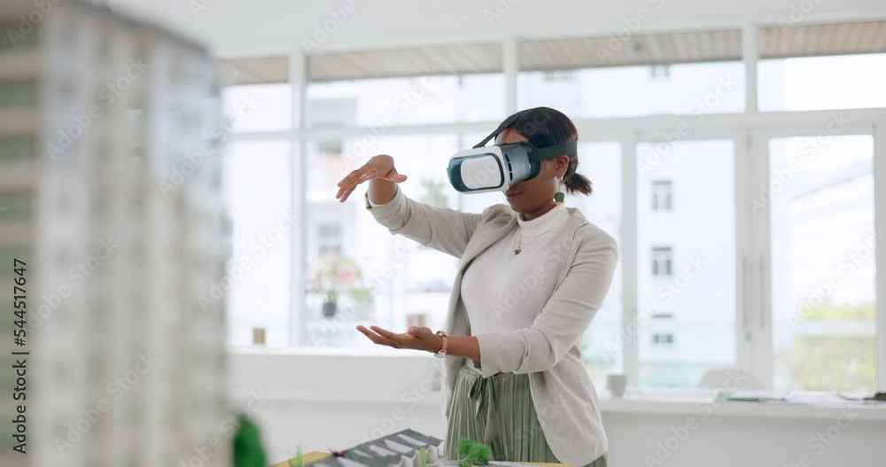 Virtual reality, architecture and augmented reality with black woman in ...
