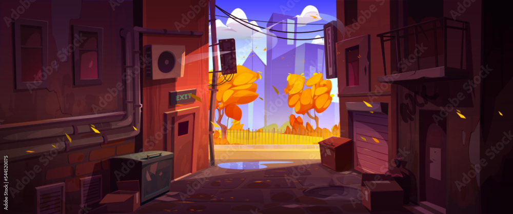 Empty back alley with view to autumn city street landscape. Cityscape ...