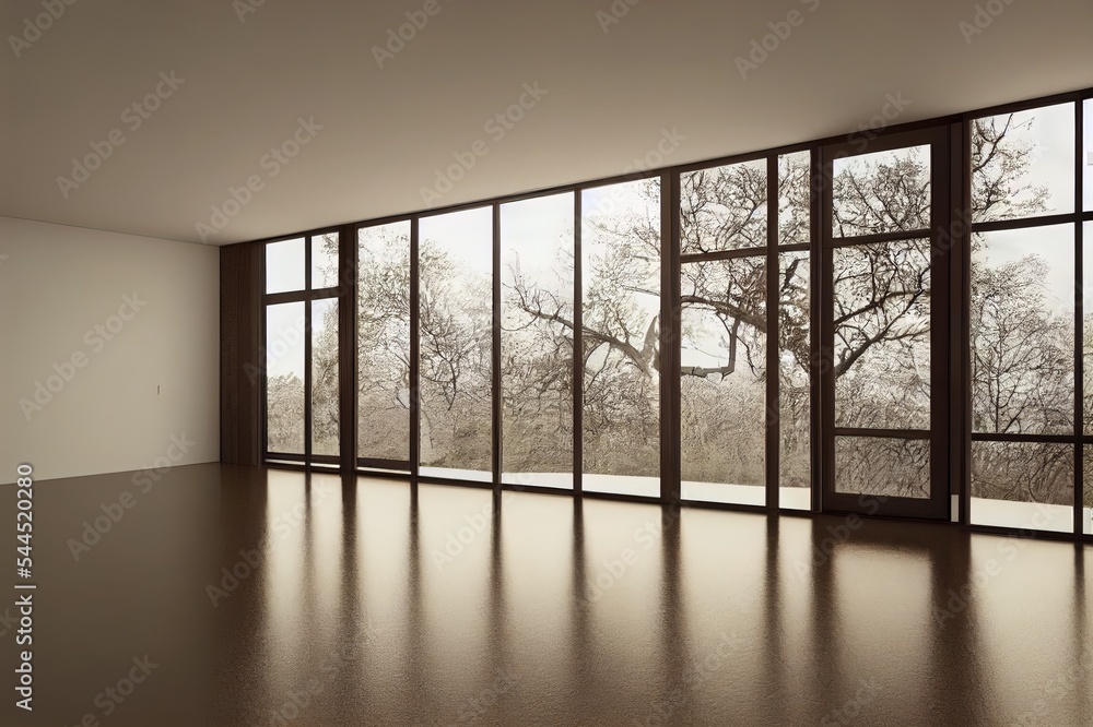 Modern contemporary empty hall with open sliding door overlooking ...