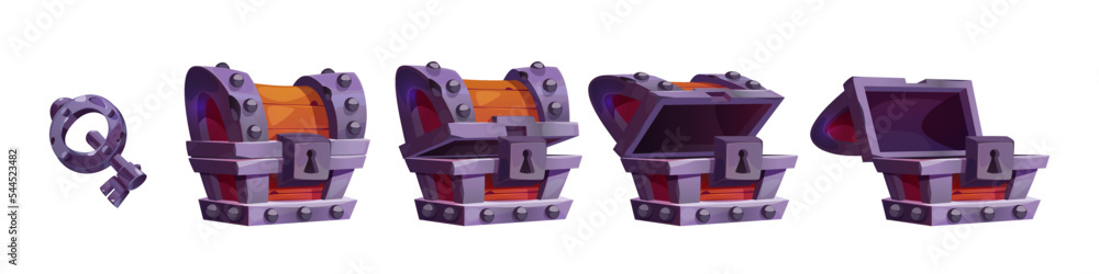 Key and treasure chests game level reward, pirate loot. Empty wooden ...