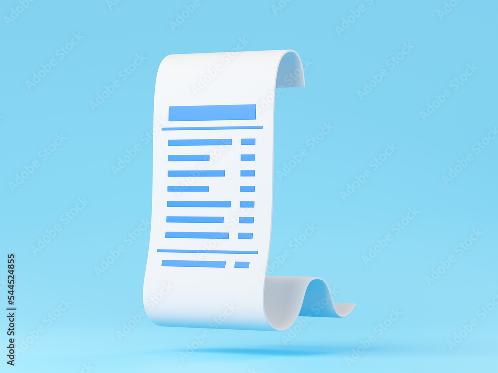3d render paper bill, transaction receipt isolated icon. Cheque ...