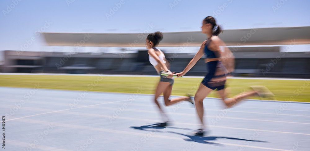 Speed race, relay and woman running in marathon competition, sports ...