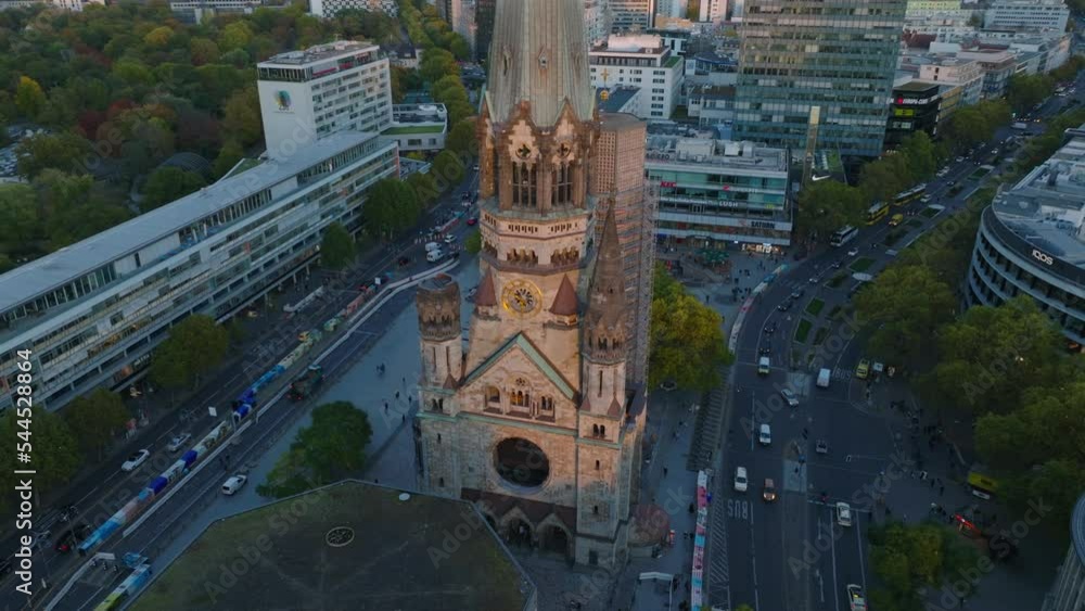 Elevated slide and pan footage of Kaiser Wilhelm Memorial Church ...