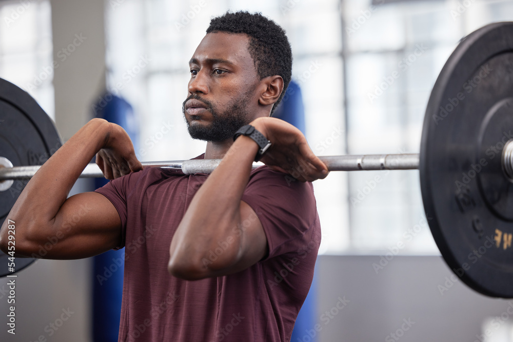 Strong man, barbell overhead press and gym exercise, workout and ...