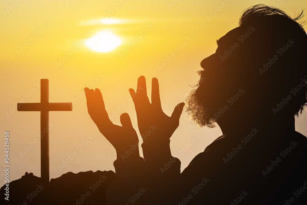 Silhouette Human Prayer to God beautiful sunrise or sunset sky ...