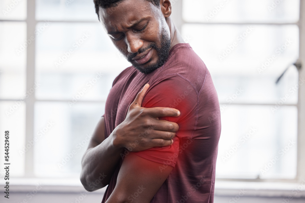 Man, shoulder pain and inflammation from sport exercise workout ...