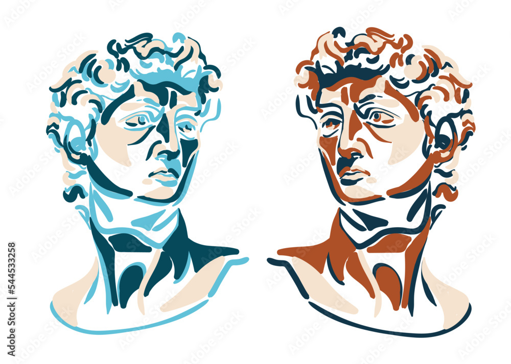 Antique statue head illustration. Sculpture of Michelangelo. Hand ...