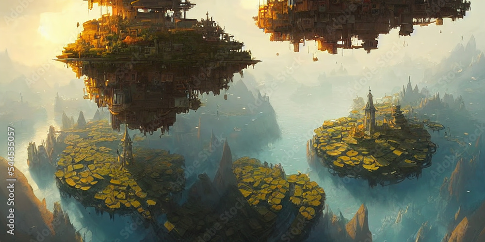 Cities on floating islands in the sky, islands connected by chains ...