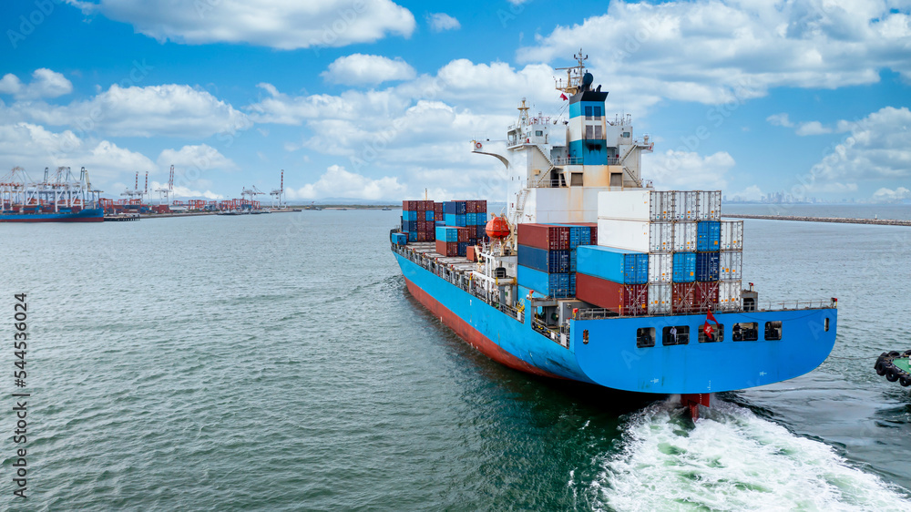 Container cargo ship arrive commercial deep seaport, Global business ...