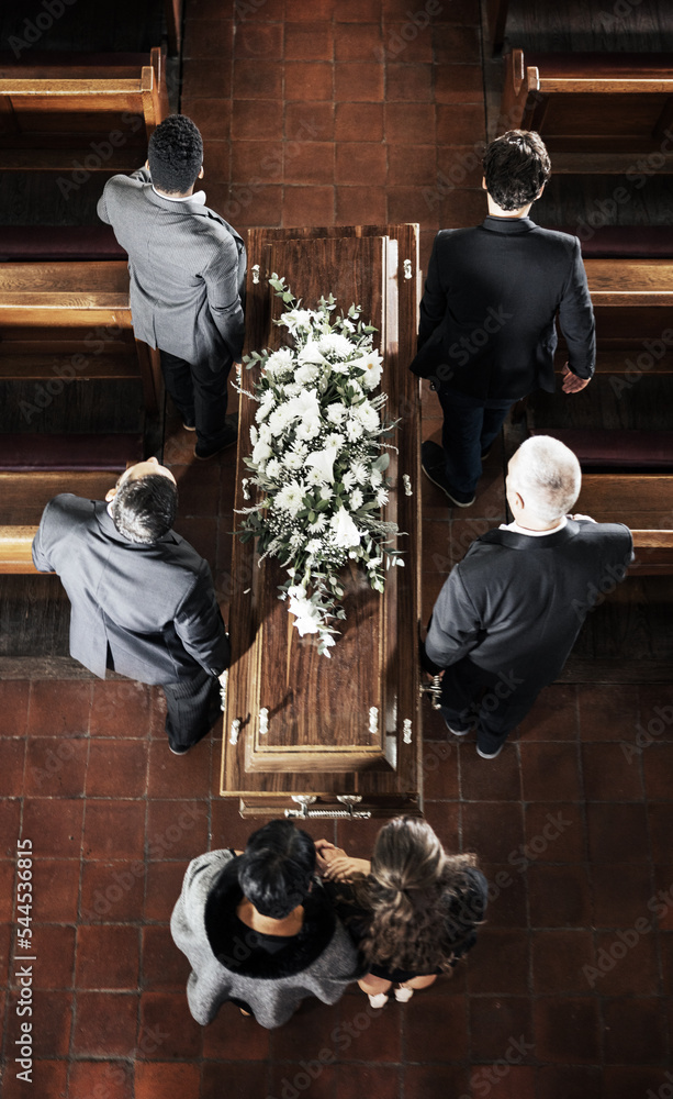 Funeral, coffin and family mourning death of loved one, death and ...
