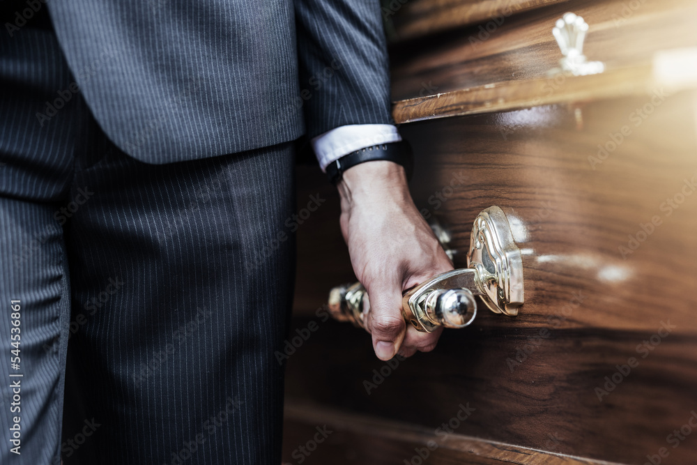 Foto Stock Funeral, man hands and holding coffin at a sad, death and ...
