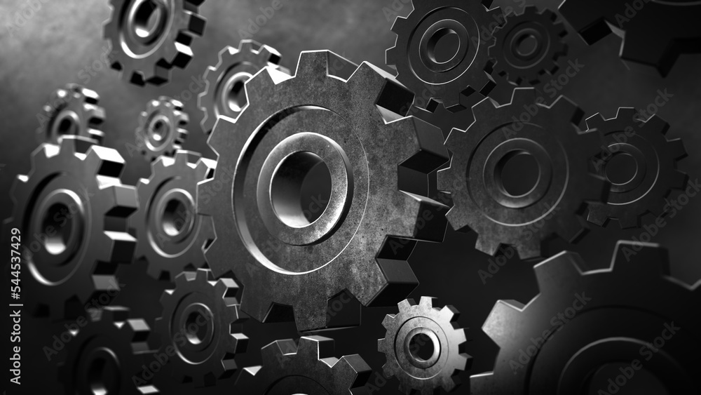 engine gears wheels slowly rotating dark metallic gears. Iron clockwork ...