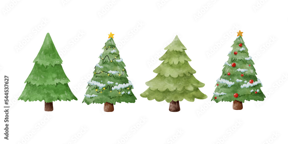 Christmas Tree Watercolor Collection. Set of pine green tree for Merry ...