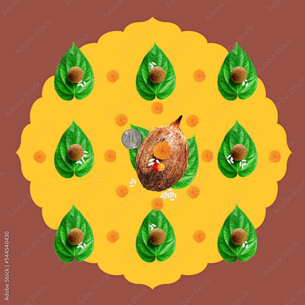 Traditional classic Hindu auspicious occasion background. Top view of ...