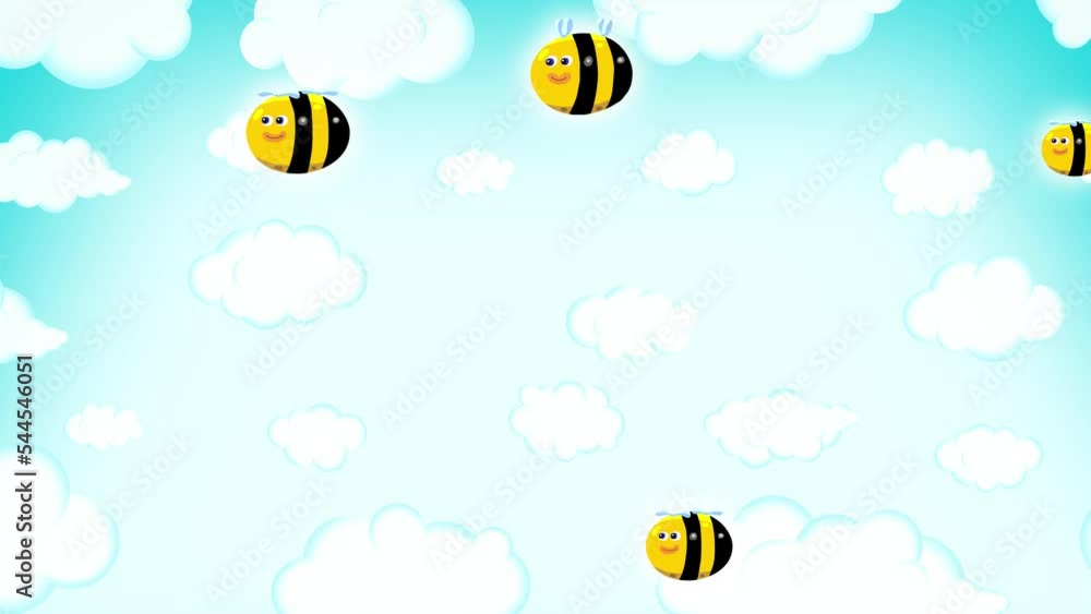 Cartoon kawaii character bees striped flying on clouds background ...